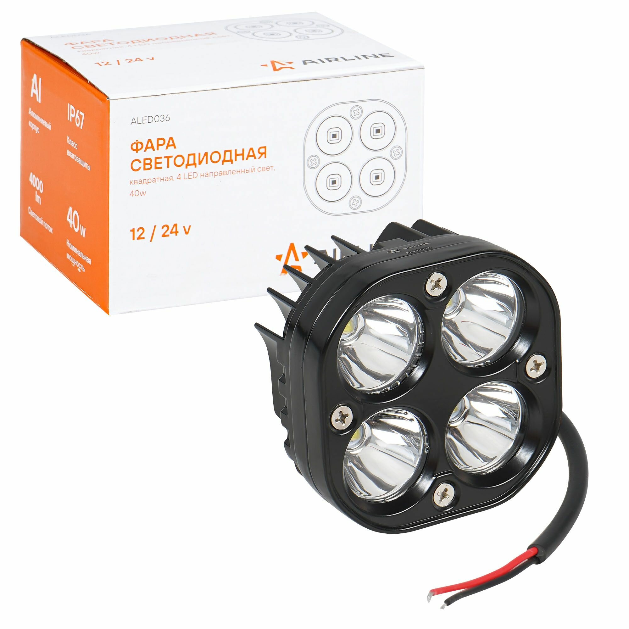 Фара светодиодная квадратная, 4 LED направленный свет, 40W, 12/24V, Plus, Airline ALED036