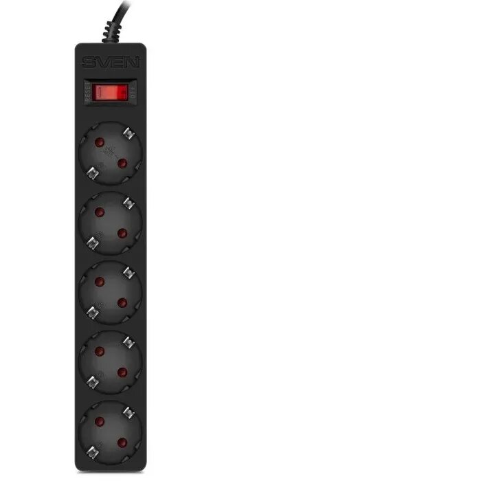 Сетевой фильтр Sven SV-021559 SF-05E 1,8 м (5 розеток с защитными шторками) черный, цветная коробка