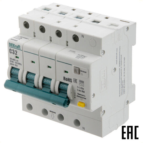 Дифф. автомат ДИФ103 16404DEK тип АС 32А-30мА 400В 3P+N 5мод. 6,0кА х-ка С DEKraft