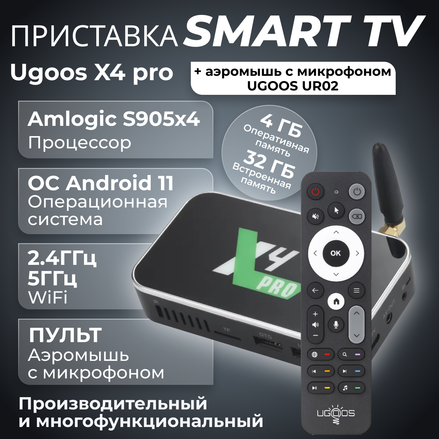 ТВ-приставка Ugoos X4 Pro Amlogic S905X4 4/32 Гб + Ugoos UR02 пульт (черный)