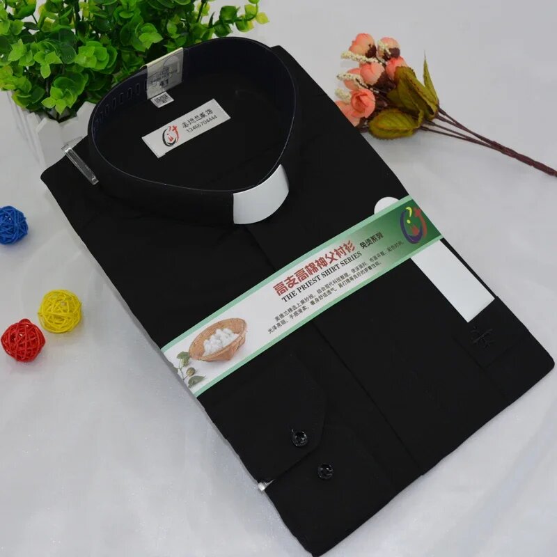 Мужская рубашка с длинным рукавом и воротником-вкладкой для священника пастора Черный, 41 XL, Black