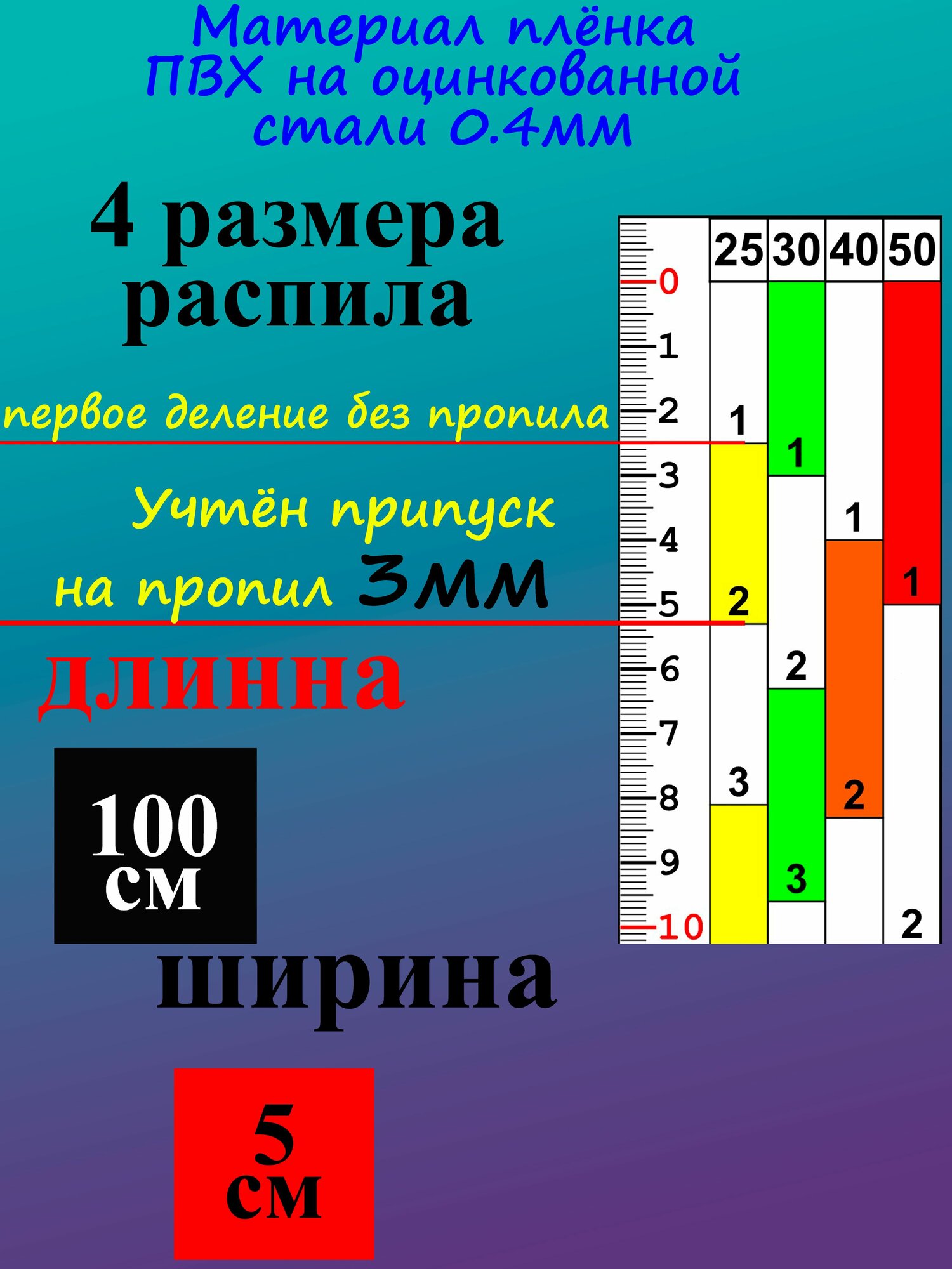 Линейка для пилорамы 100см (в начале без пропила) на оцинкованной стали 0,4мм