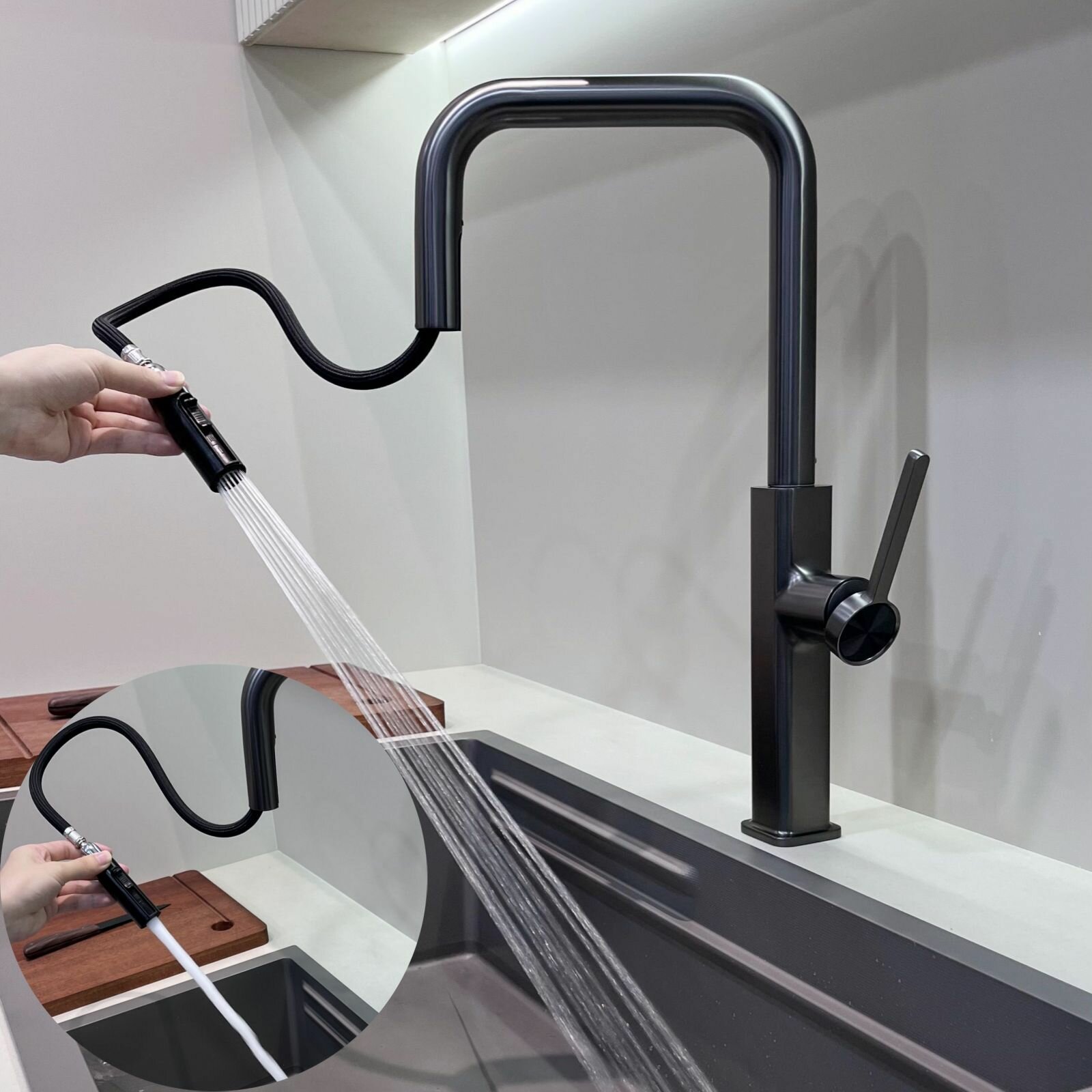 Смеситель для кухни с гибким выдвижным изливом, LED-дисплей температуры 2 Функции серый металлик