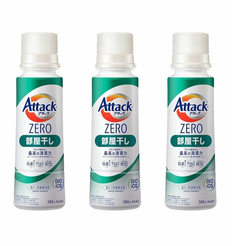 KAO Attack ZERO Жидкое средство для стирки, суперконцентрат, с защитой от неприятных запахов при сушке в помещении, 380 гр, 3 штуки.