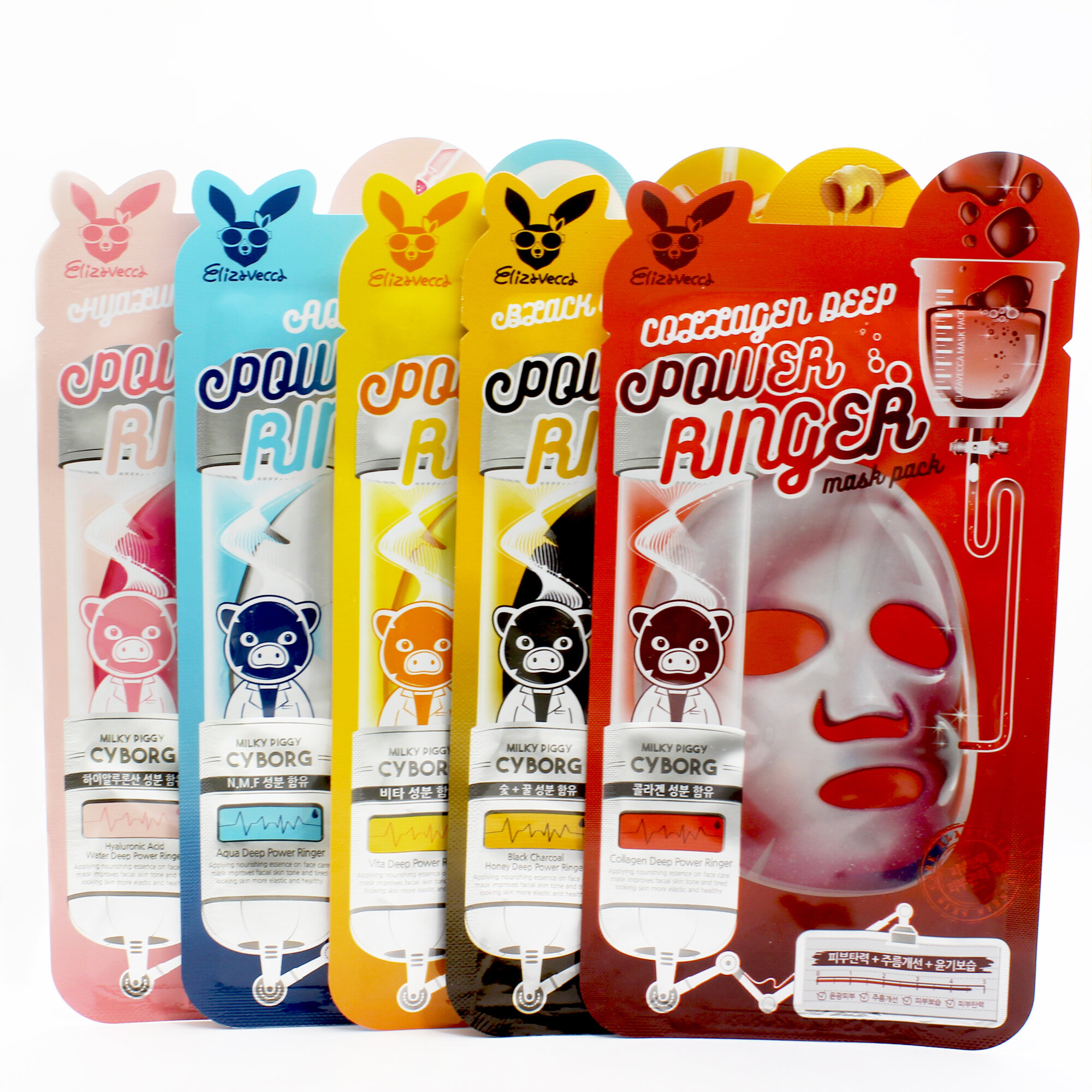 Тканевая маска для лица "Beauty mix". ELIZAVECCA. Корейские маски 5 шт. Витамины. Уголь. Увлажнение. Гиалурон. Коллаген