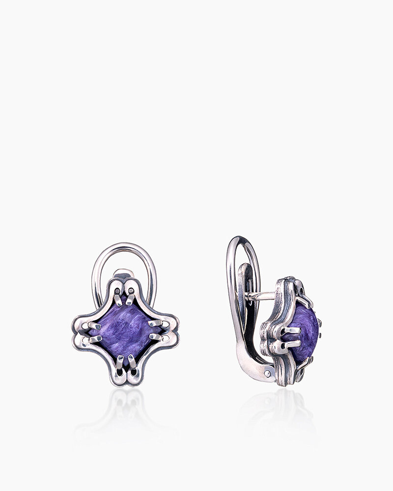 Серьги, серебро, 925 проба, чернение, чароит