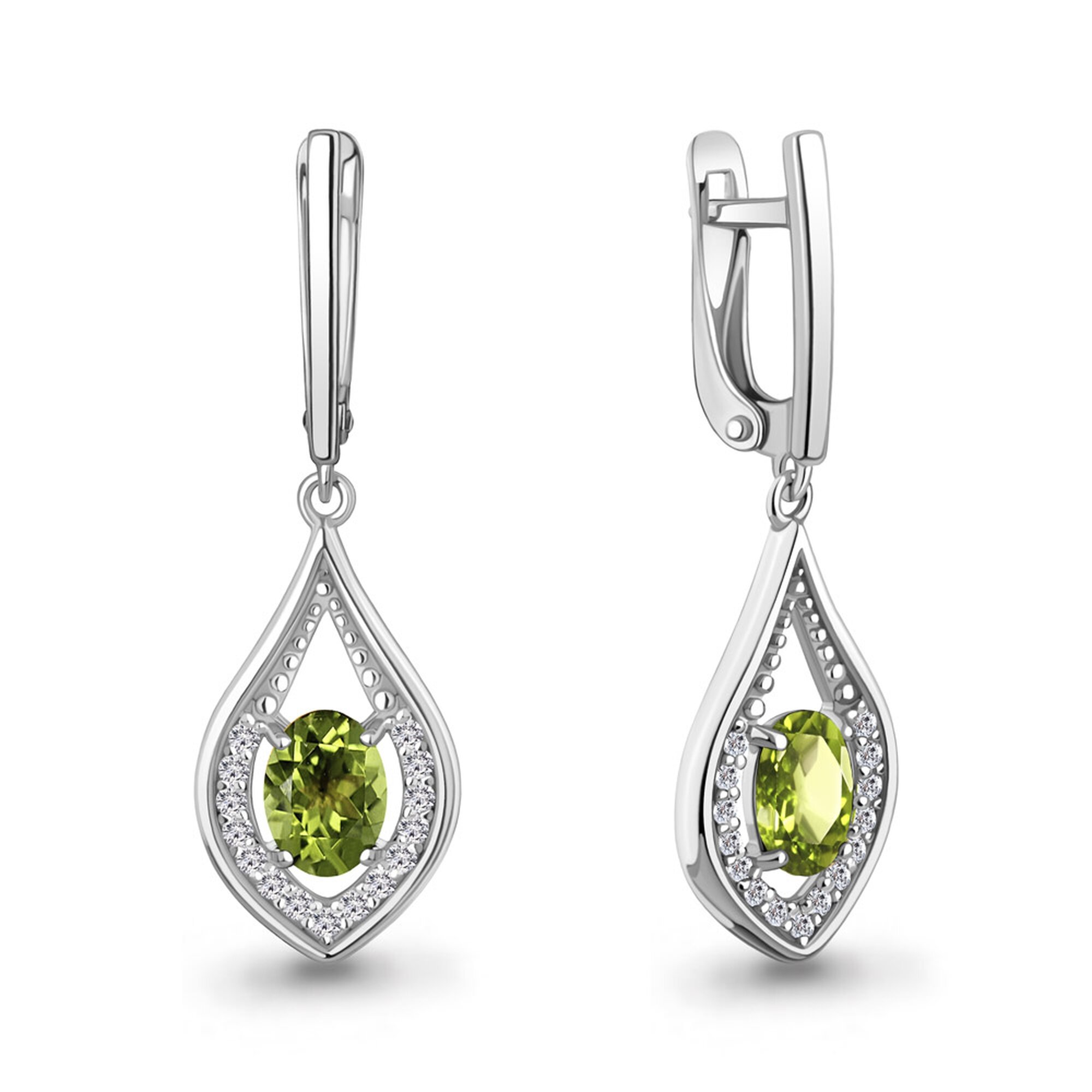 Серьги, серебро, 925 проба, родирование, хризолит, фианит