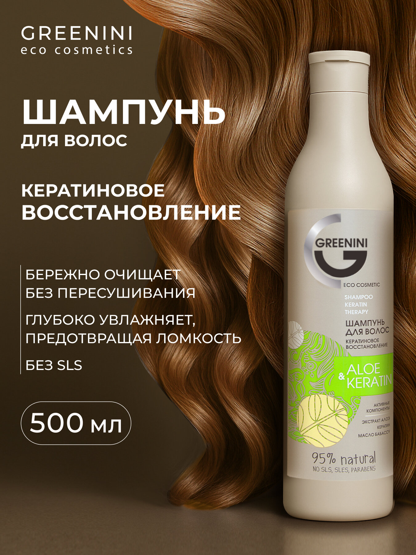 Greenini Шампунь ALOE & KERATIN Кератиновое восстановление 250мл.