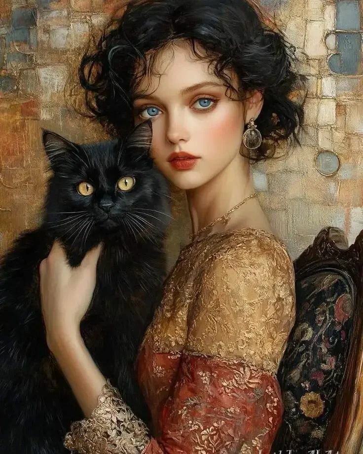 Алмазная картина "Густав Климт Кошка и женщина" алмазная огранка 40х50 см,40X50CM, белый