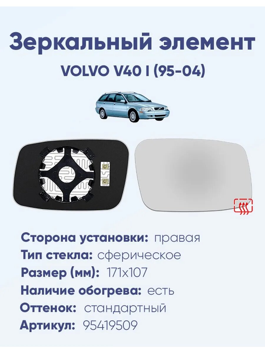 Зеркальный элемент правый VOLVO V40 I (95-04) сфера нейтральный с обогревом