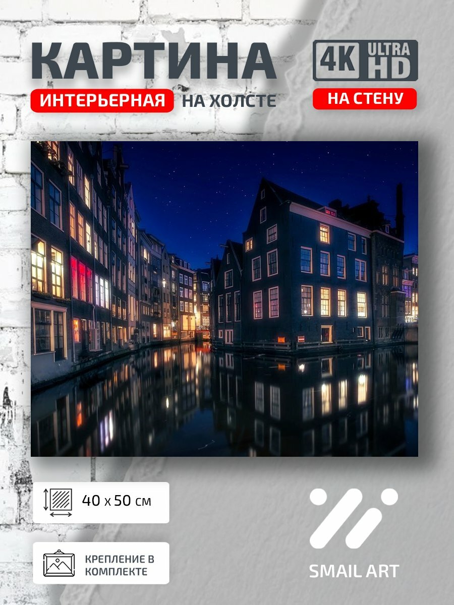 Картина на холсте интерьерная 40 на 50 на стену Речка City для кабинета урбанистика декор