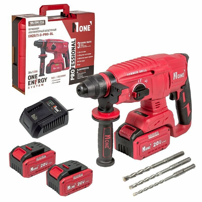 Перфоратор акк. NUMBER ONE SDS-plus EH26/3.0-PRO-BL(20В, Li-ion,2х3Ач,4реж,3.2Дж, бет26мм. б/щ)6кг кейс