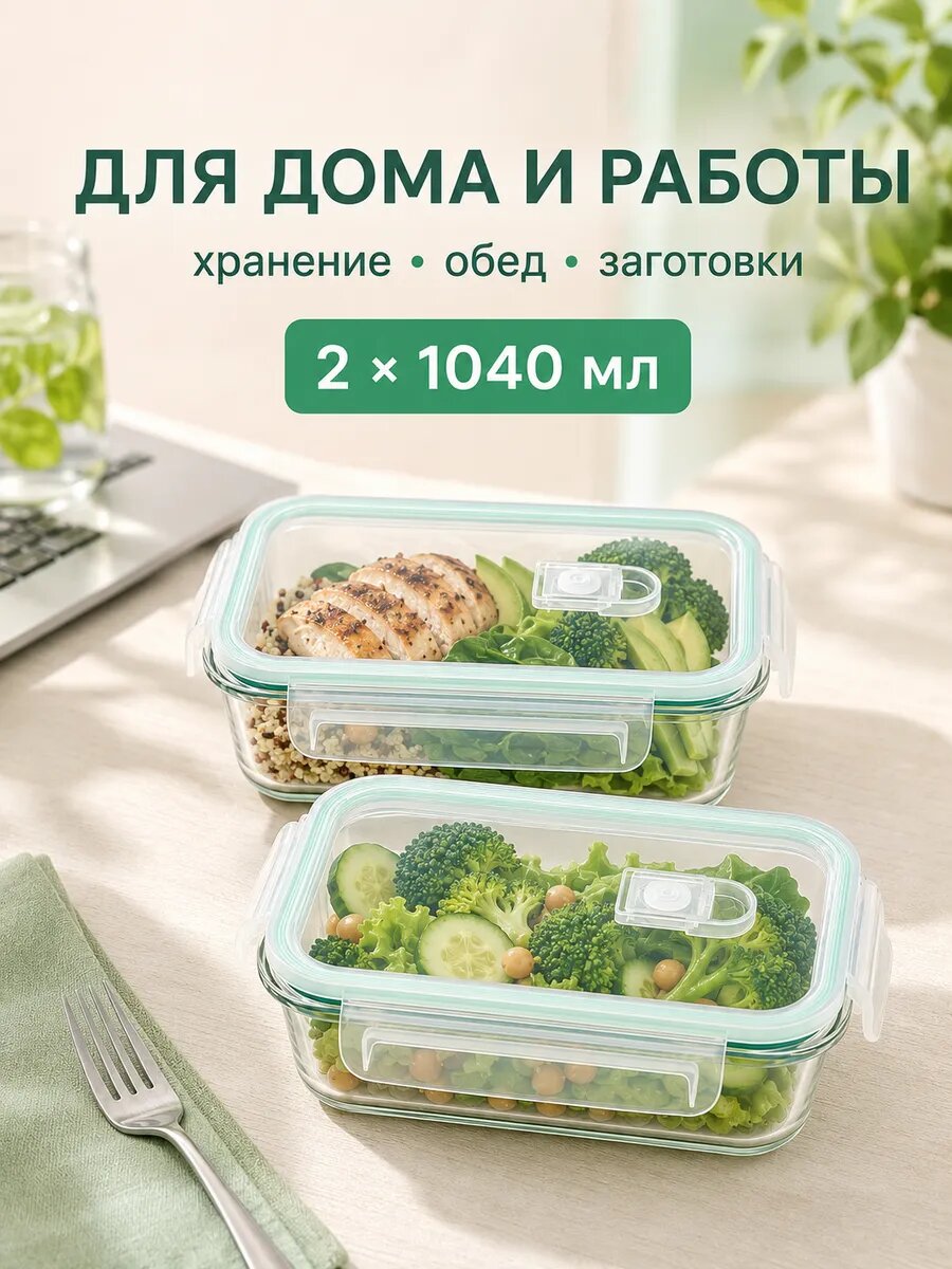 Набор стеклянных контейнеров мимар, для еды, с клапаном, 1040мл, 2шт, зелёные