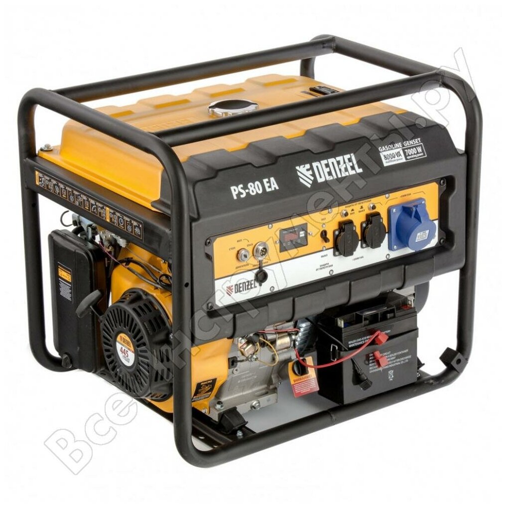 Бензиновый генератор с максимальной мощностью 8 кВт, 4-тактным двигателем 17 л. с, экономичным расходом топлива 3,2 л/ч и защитой IP23