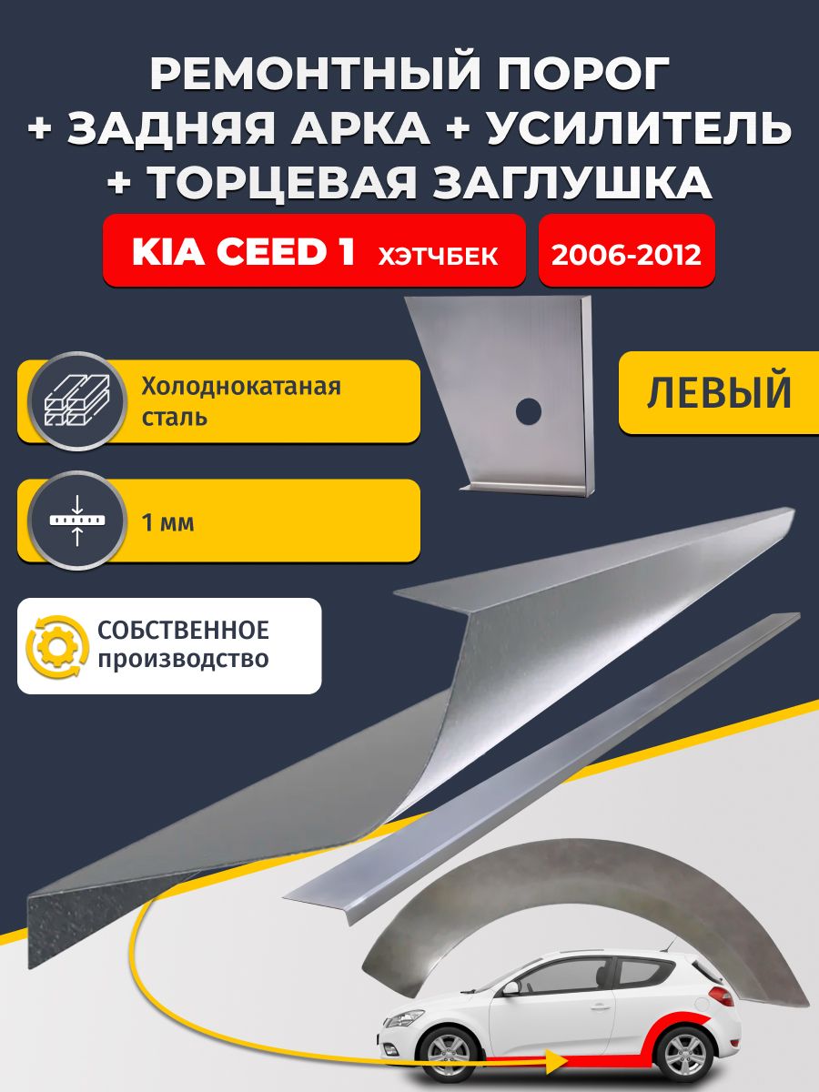Левая ремонтная задняя арка (0,8 мм) и левый стандартный ремонтный порог + торцевая заглушка + усилитель, на Kia Ceed 1 2006-2012 хэтчбек 3 дв (Киа Сид 1). Холоднокатаная сталь 1 мм