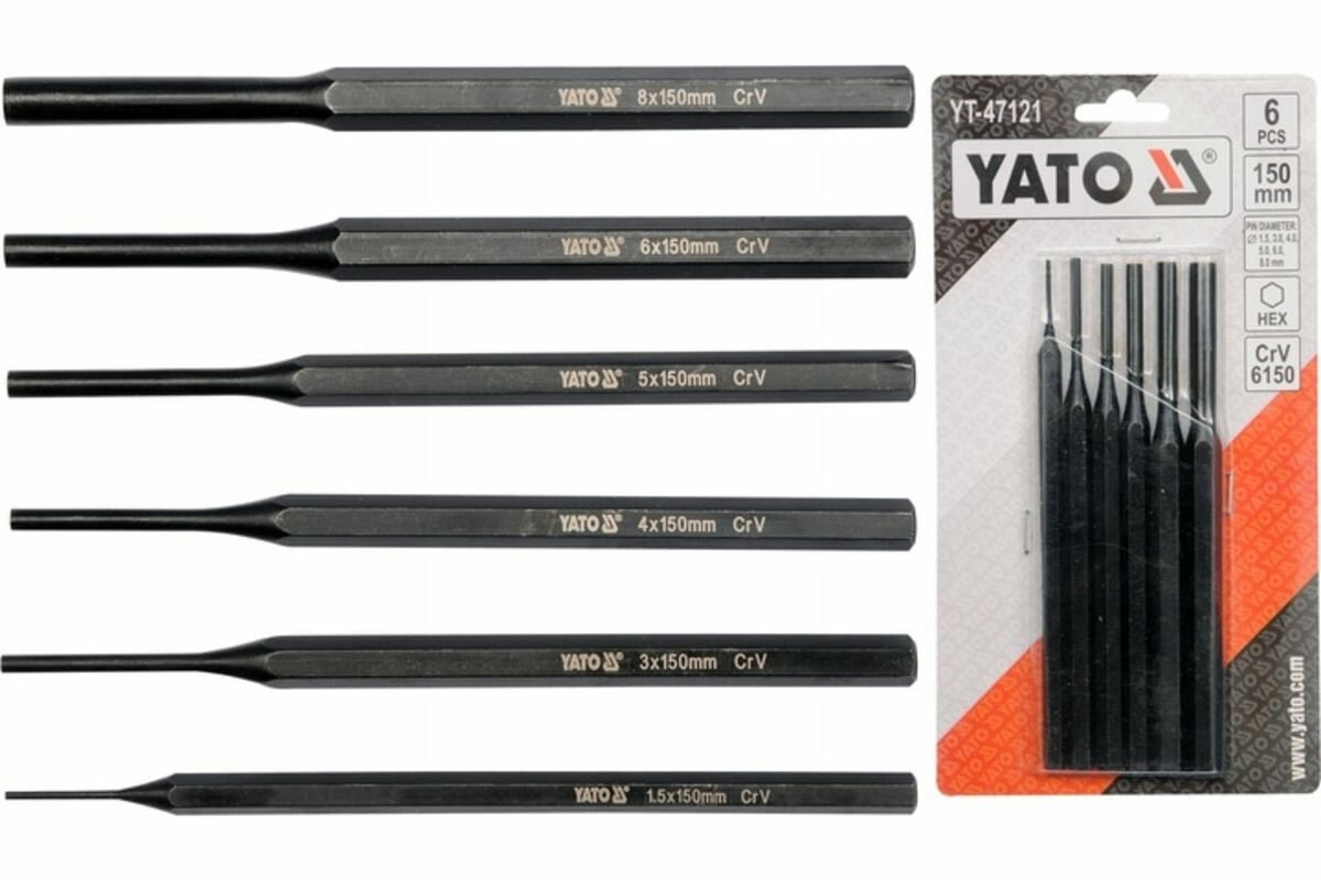 YATO Набор выколоток 1,5-8 мм, 6 предметов, YT-47121, точный слесарный инструмент