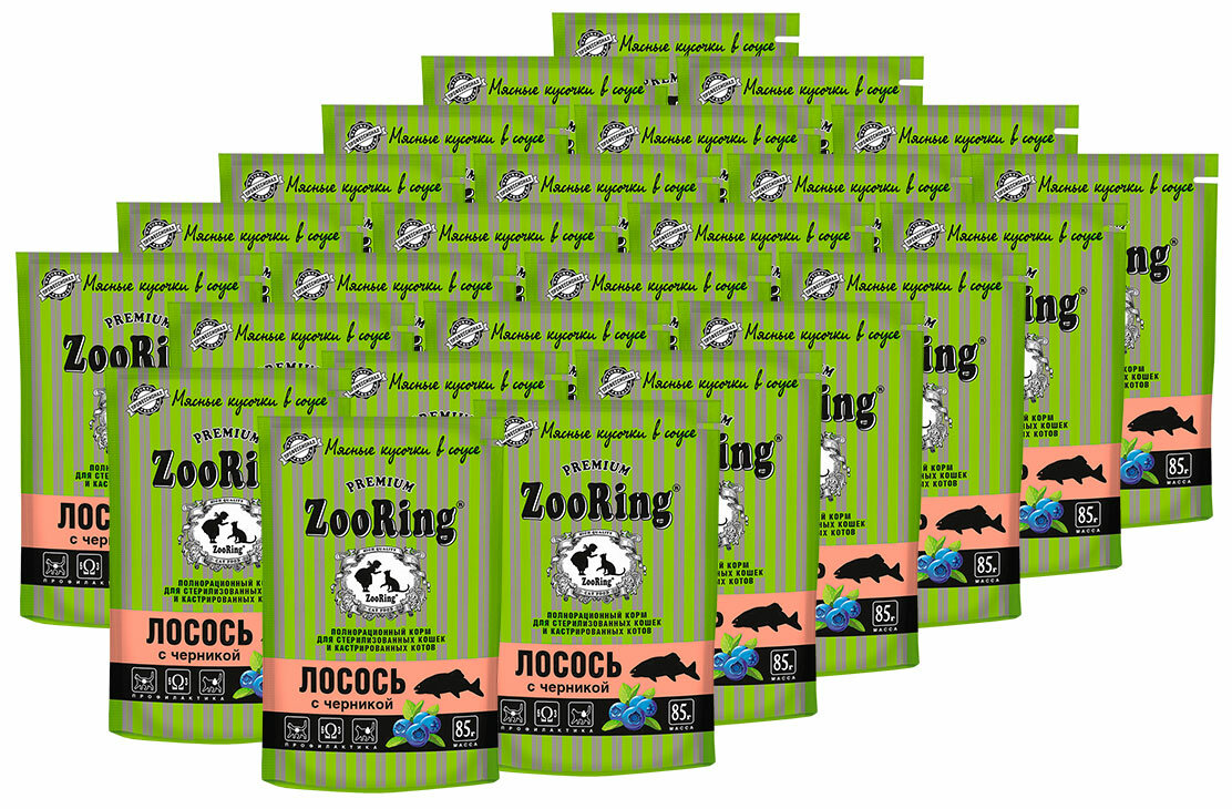 ZOORING для взрослых кошек Сочные кусочки в соусе с лососем и черникой пауч (85 гр х 26 шт)
