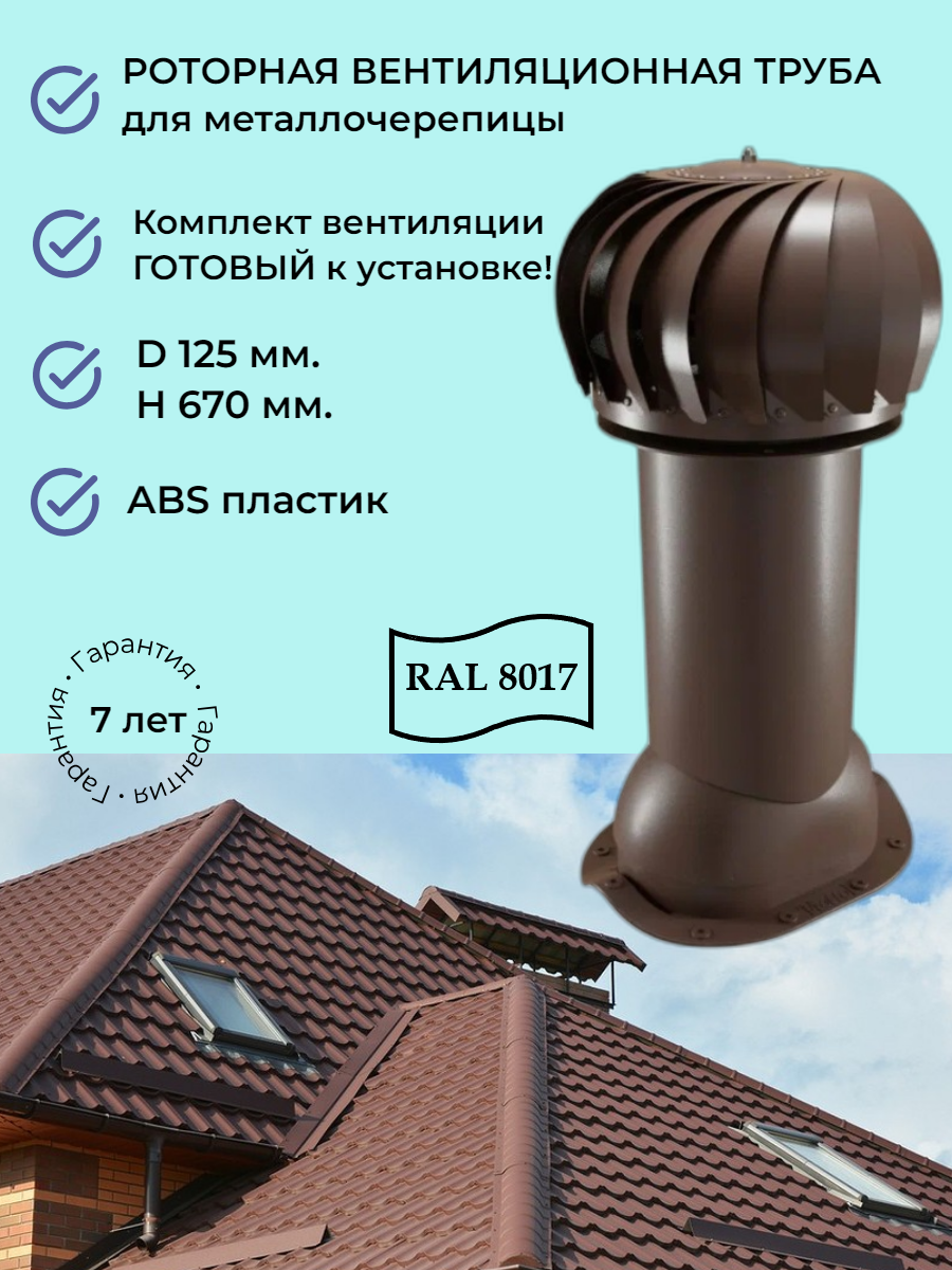 Роторный вентиляционный выход для металлочерепицы монтеррей 150/125 мм, утепленный, Viotto RAL 8017 коричневый