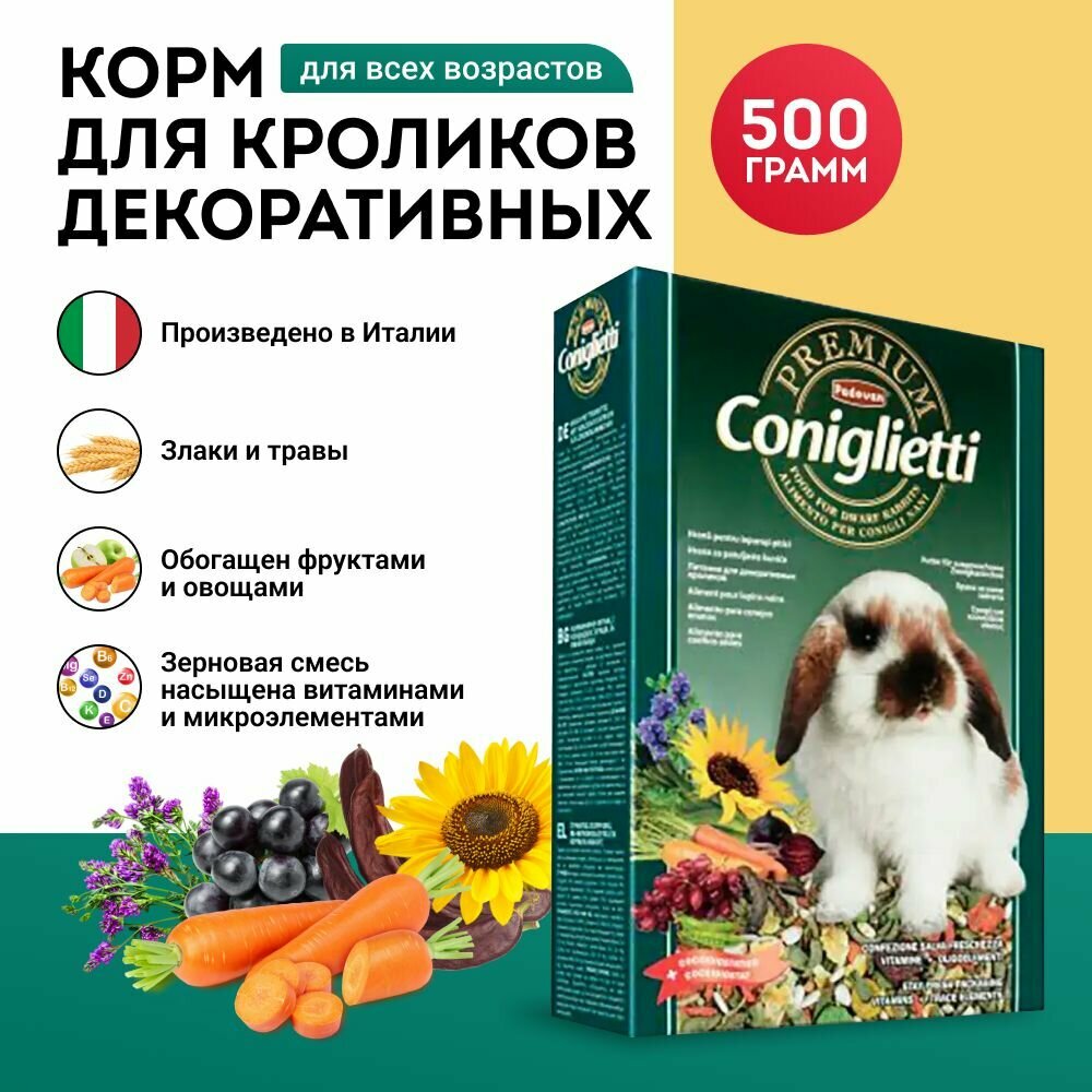 Padovan Корм для декоративных кроликов и молодняка Премиум кониглиетти 500г