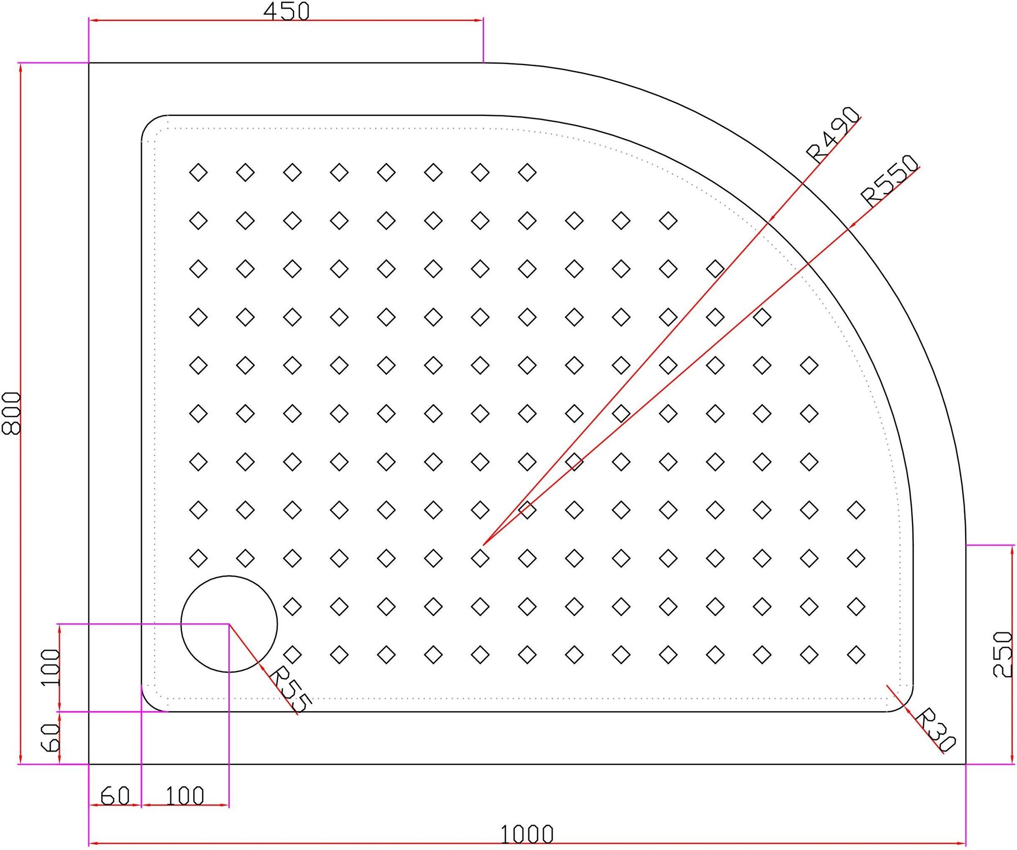 TRAY-A-RH-100/80-550-15-W-L Акриловый поддон