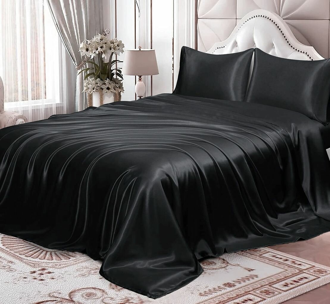 Постельное белье тенсель King Size на резинке 200х200х30 - М - Черный блеск