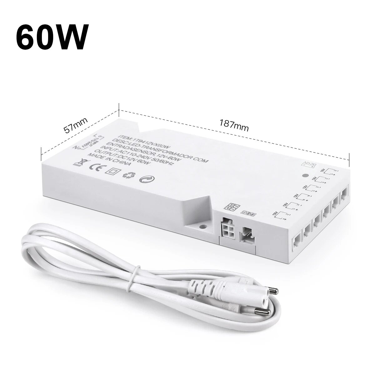 Трансформатор освещения Guillermo для светодиодной ленты 18/24/36/60/100 Вт 60W 6x Dupont Port, EU Power Plug
