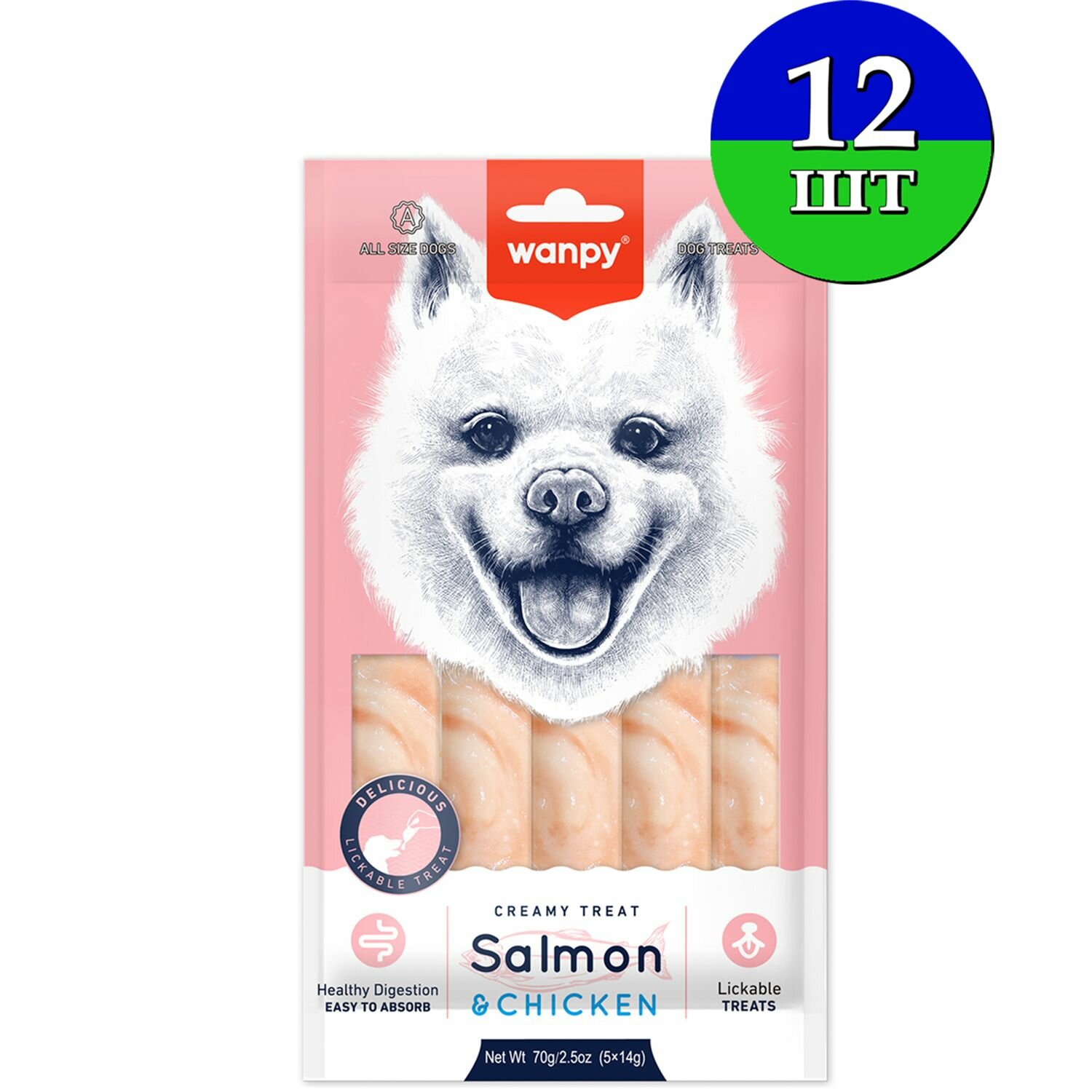 Wanpy Dog - Крем лакомство для собак "нежное пюре" из лосося и курицы, 840 гр (70 гр х 12 шт)