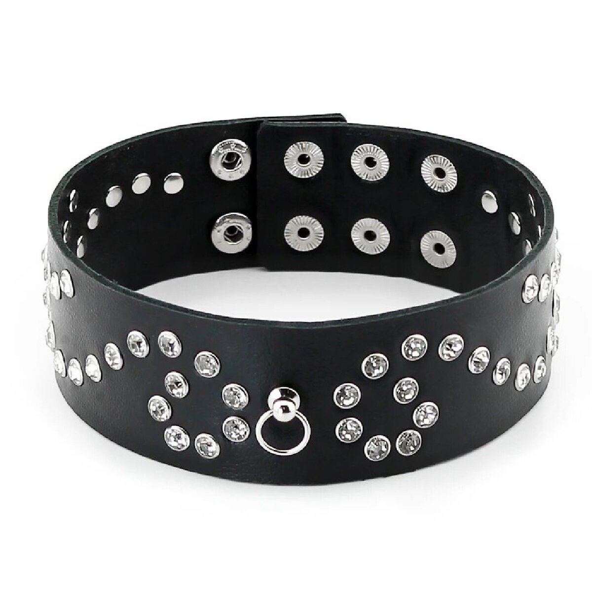 Ошейник широкий со стразами и поводком цепочкой кожа, черный