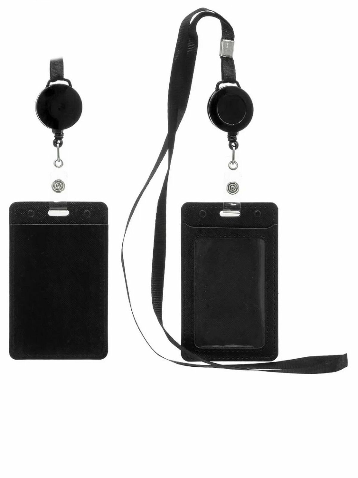 Бейдж вертикальный с лентой, рулеткой-ретрактором и вытяжной нитью, два кармана 10,5 х 6,5 см черный