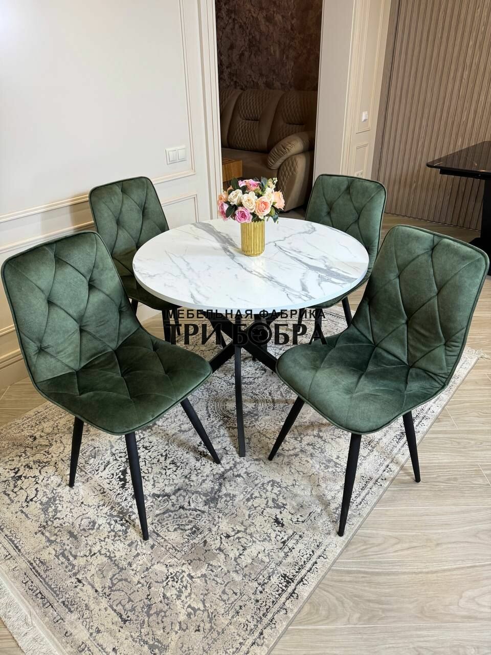 Стол кухонный круглый, раздвижной, Белый мрамор, стулья для кухни комплект 4 шт