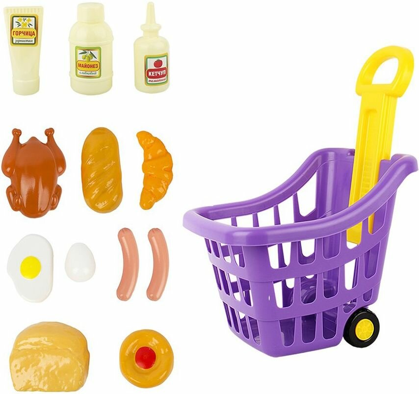 Детская пластиковая игрушка "Корзина для супермаркета" с продуктами, на колесах и с ручкой, 13 предметов, сюжетно-ролевая игра, играем в магазин