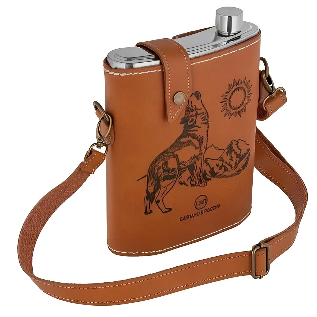 Фляжка GT-2023-PT-48A "Волк", сталь, искусственная кожа, 1350 мл