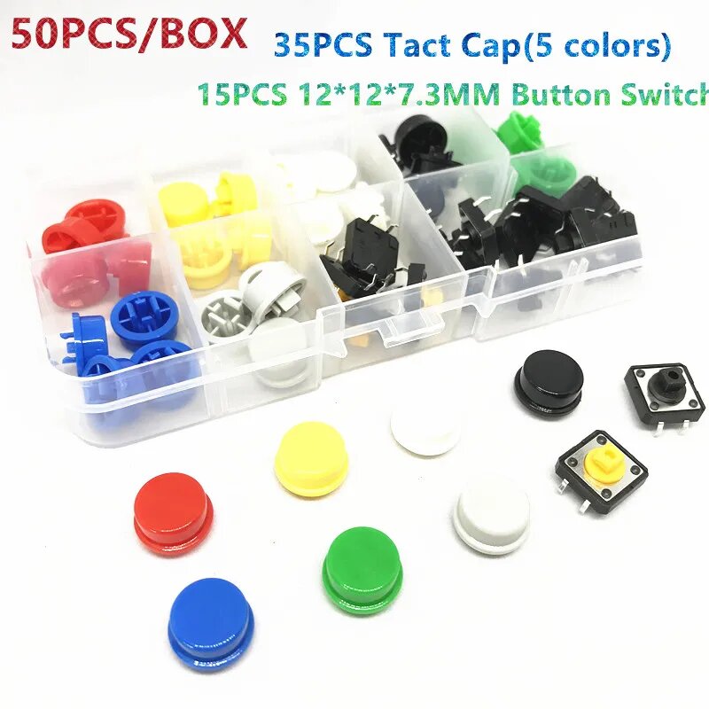 50 шт./кор. колпачок для клавиш, тактильный кнопочный переключатель Momen 12*12*7,3 мм, кнопка микропереключателя + 25 шт. тактовый колпачок (5 цветов) для переключателя Arduino