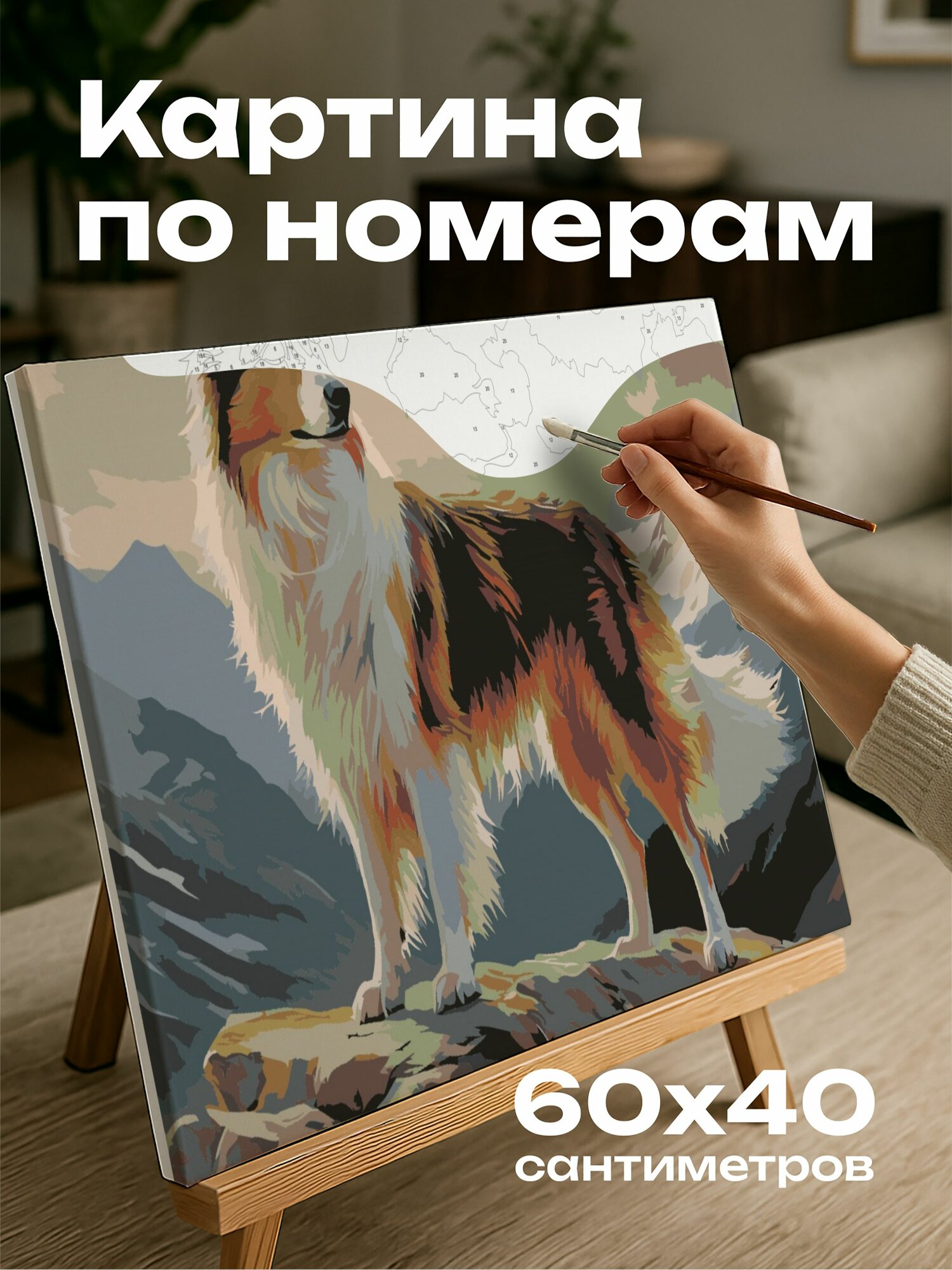 Картина по номерам 60x40 см, картина, масло, колли, горная тропа, приключения, жизнь, величественная, склонность, цена