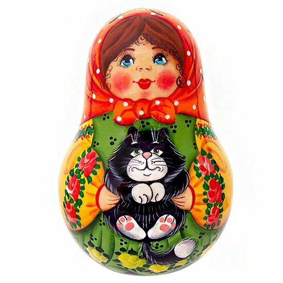 Деревянная музыкальная неваляшка Матрешка Девочка с кошкой 13 см