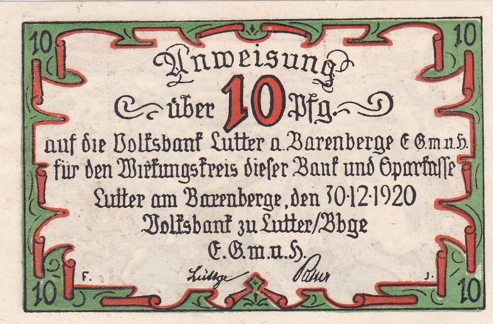 Германия (Веймарская Республика) Луттер ам Баренберге 10 пфеннигов 1920 г. (2)