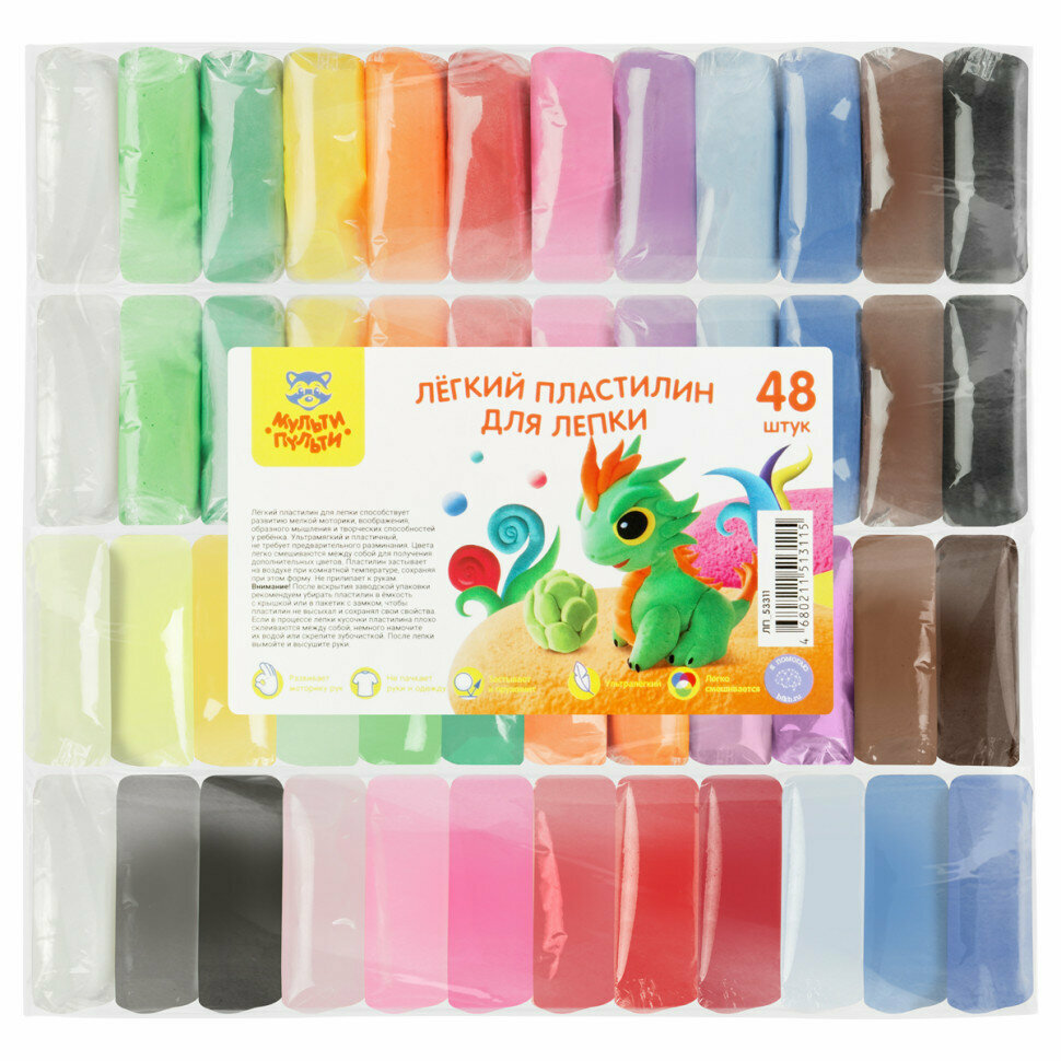 Легкий пластилин для лепки Мульти-Пульти, 48шт, 480г, прозрачный пакет, 357849