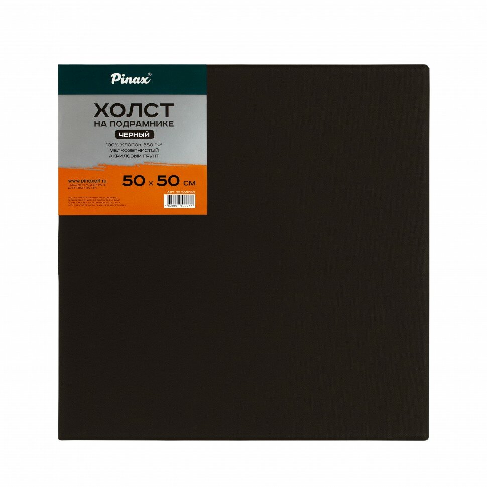 Холст на подрамнике 50х50 см, хлопок Пинакс, черный грунт, мелкозернистый, 380 гр/м2