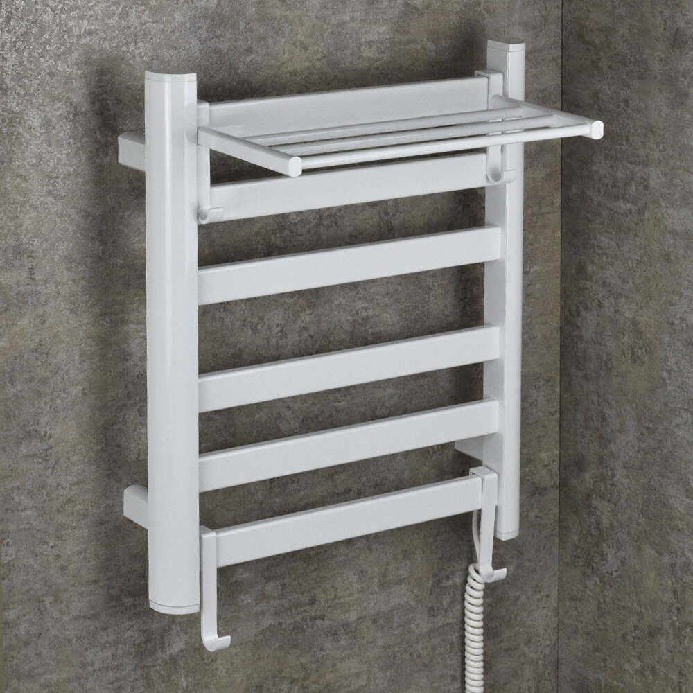 Полотенцесушитель электрический BRIMIX белый лесенка с полкой, 600 х 500 х 270 мм на 5 плоских перекладин, 160 W, из алюминия, тэн из углеродного волокна, код: 08091W