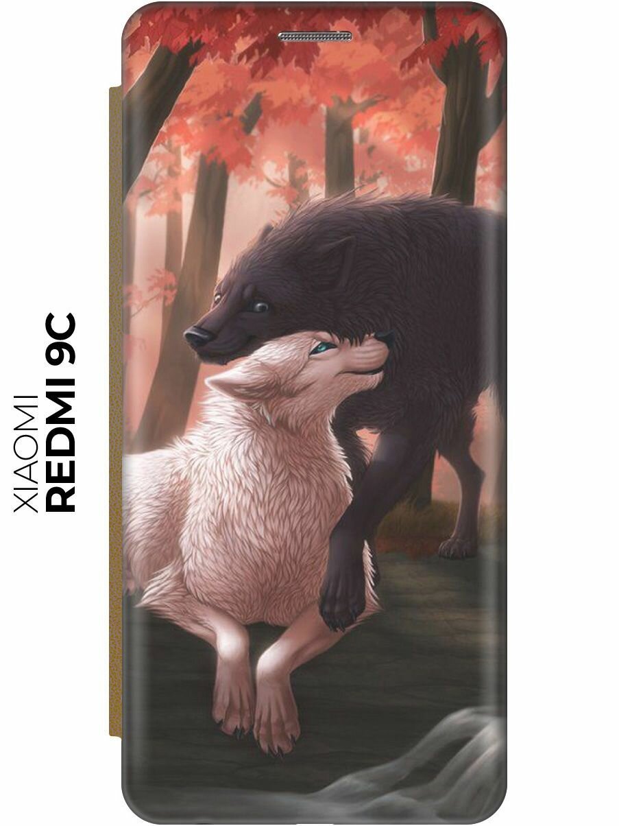 Чехол-книжка Влюбленные волки на Xiaomi Redmi 10A / 9C / Сяоми Редми 10А / 9С золотой