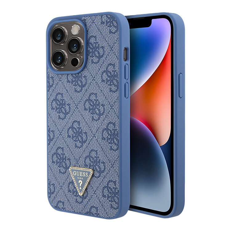 Guess чехол для iPhone 15 Pro Max, PU кожа 4G Triangle Diamond metal logo Blue