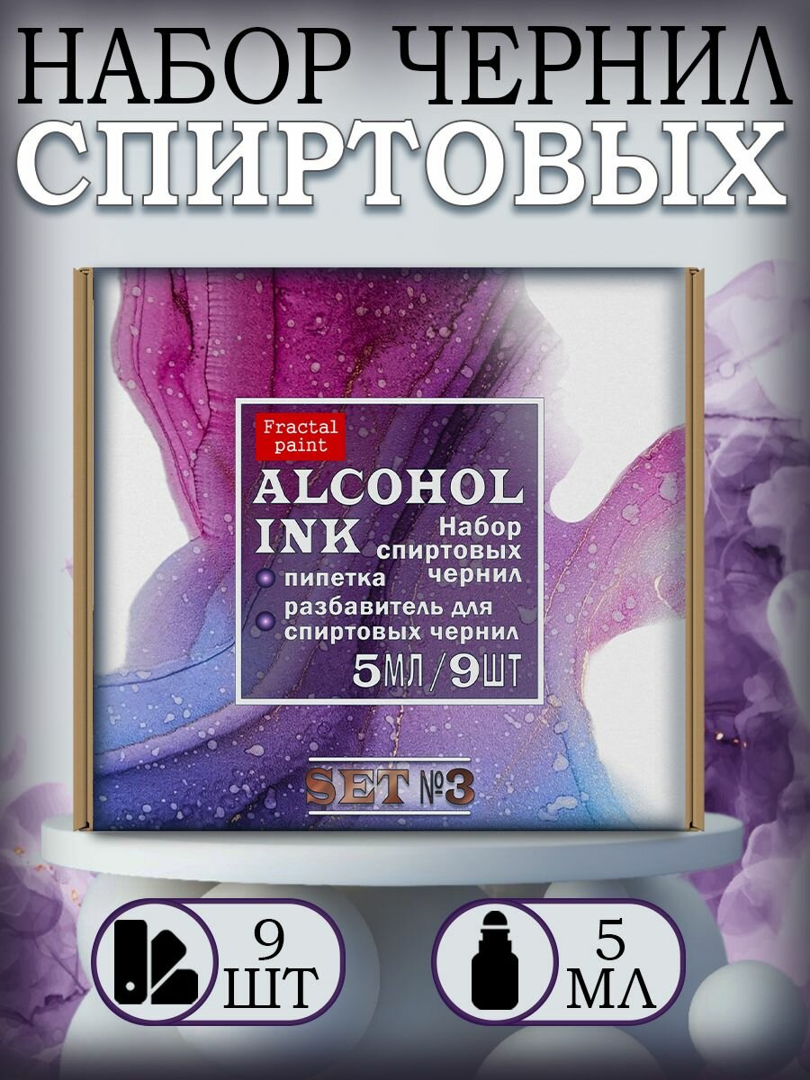 Набор спиртовых чернил 9 шт по 5 мл (сет 3) для творчества Fractal Paint