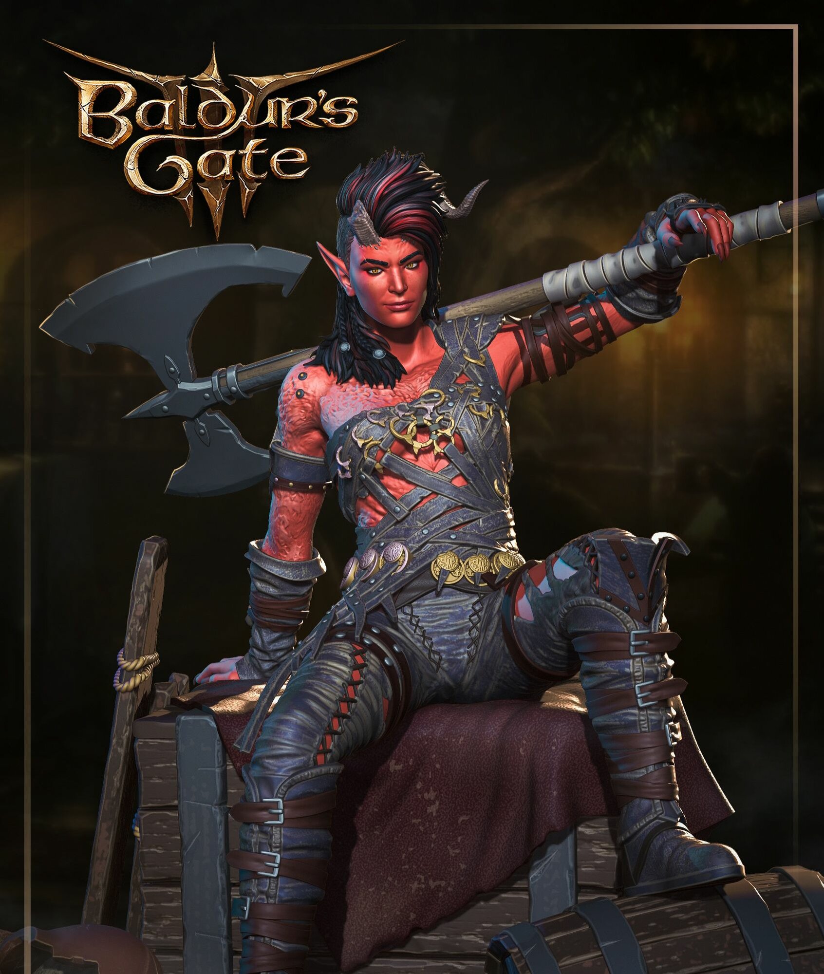Карлах из Baldurs Gate 3, на отдыхе, 75мм, миниатюра под покраску (модель 2)