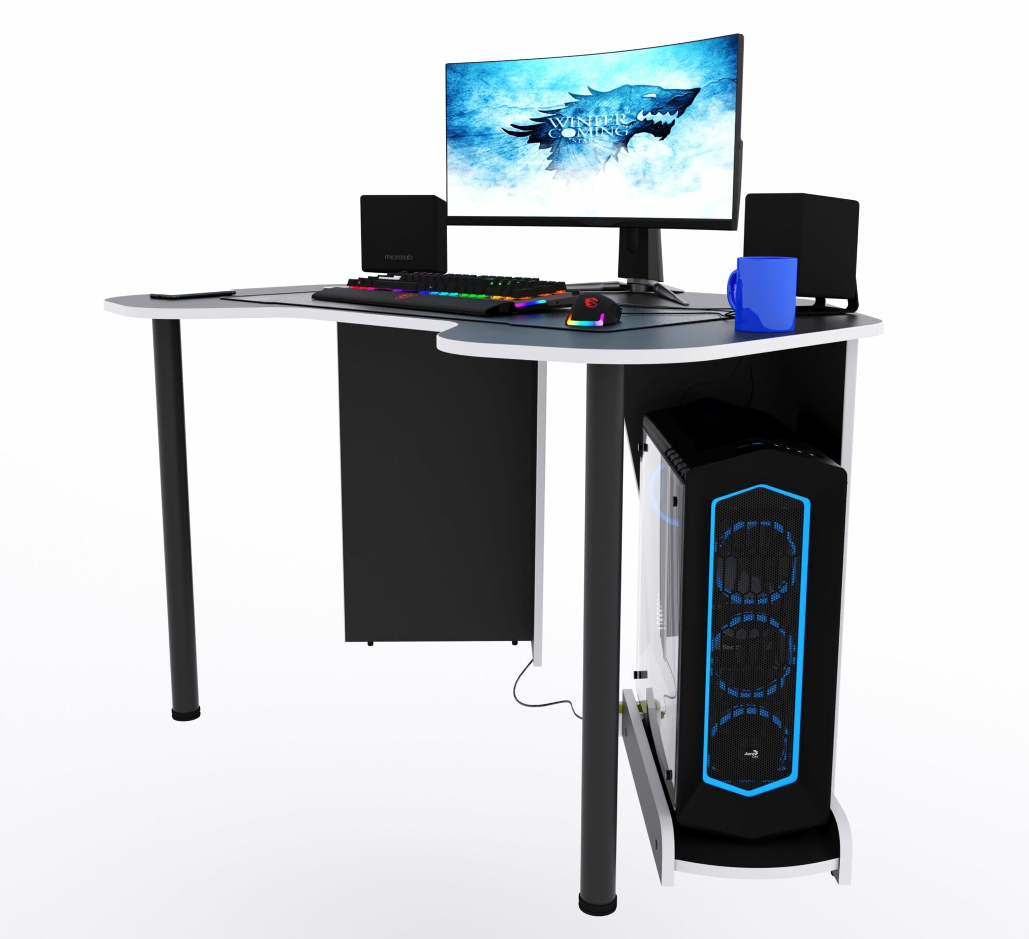 Угловой компьютерный стол "Угол" с тумбой, 120x87x75 см, чёрный с белой кромкой