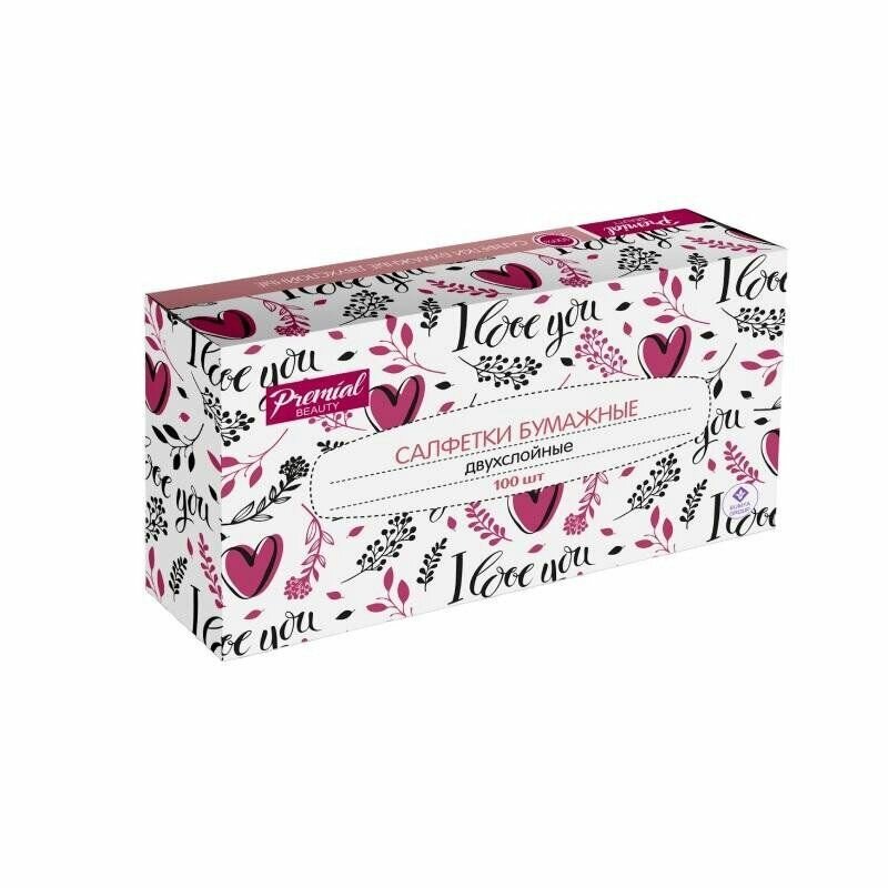 Premial Beauty, Салфетки бумажные двухслойные белые в коробке, нон-стоп, 100 шт.
