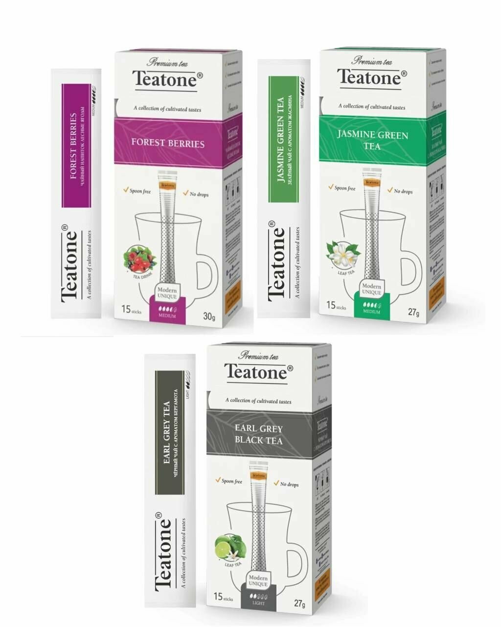 Чай черный с ароматом Бергамота/Жасмин/Лесные ягоды Teatone, 3 шт по 15 стиков