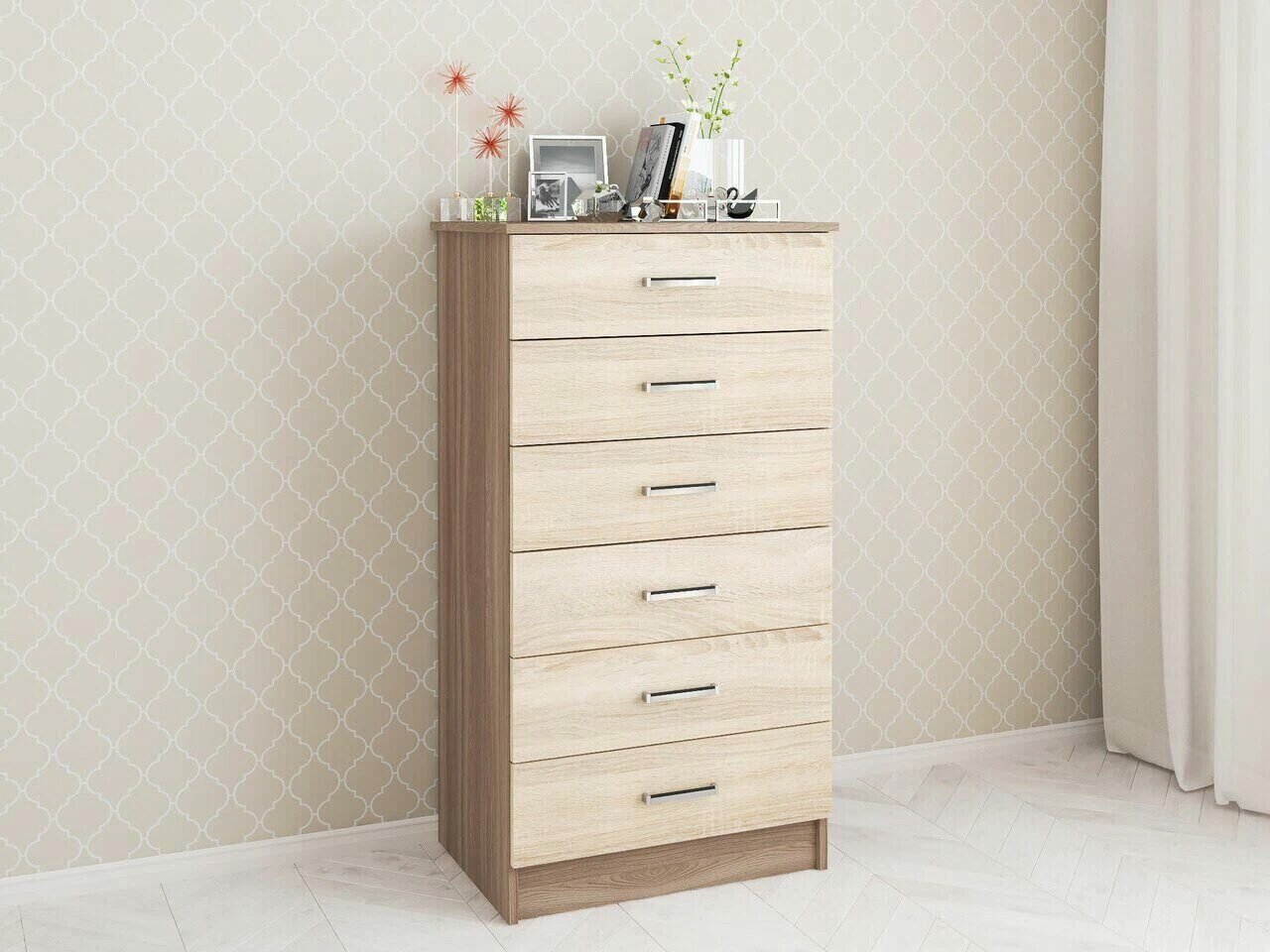 Комод «Катрин 4», 6 ящиков, роликовые направляющие, ясень шимо/дуб сонома (620х435х1160)