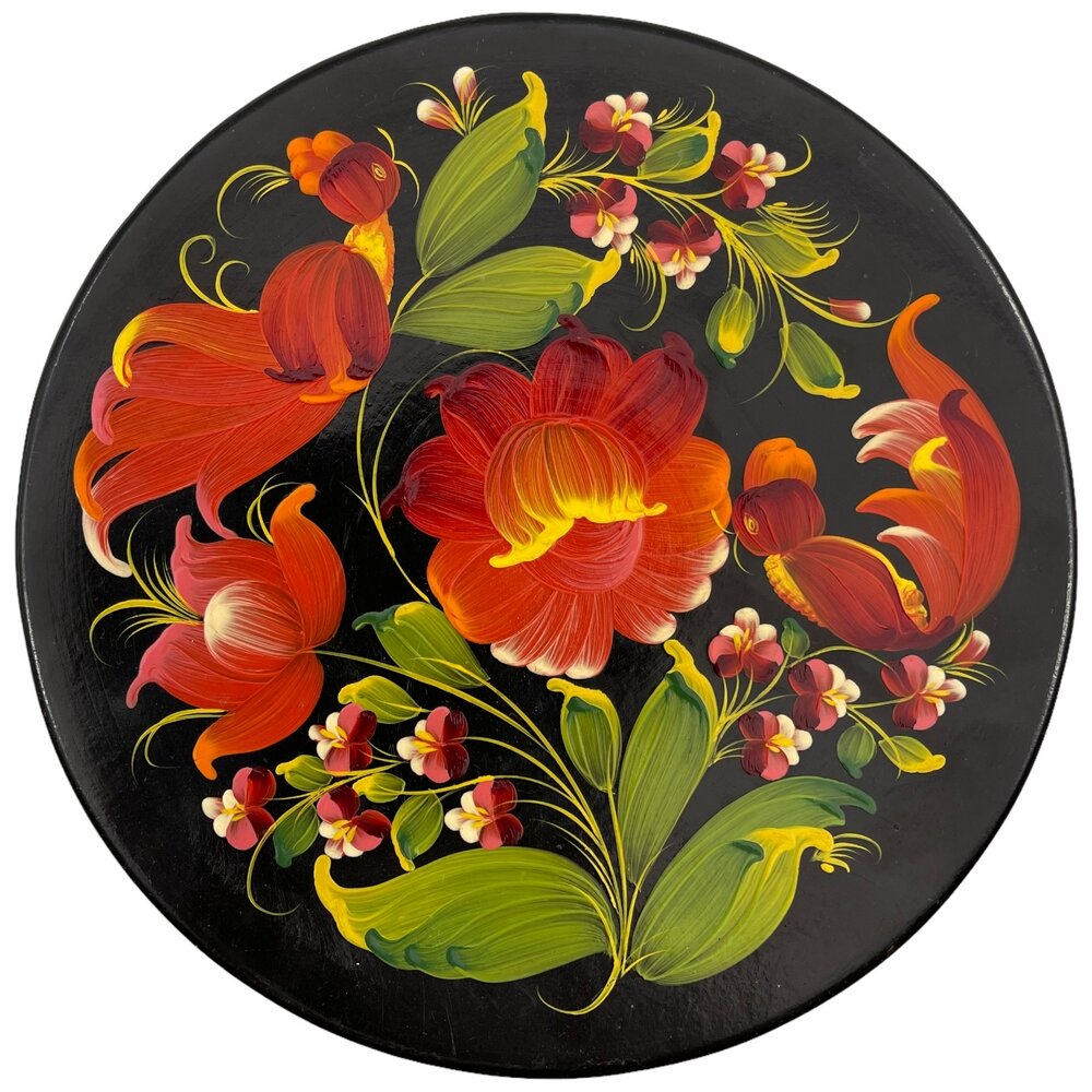 Тарелка декоративная "Цветы", 22 см, автор Савиская З. М, дерево, роспись, 1980-1990 гг, Киев, СССР