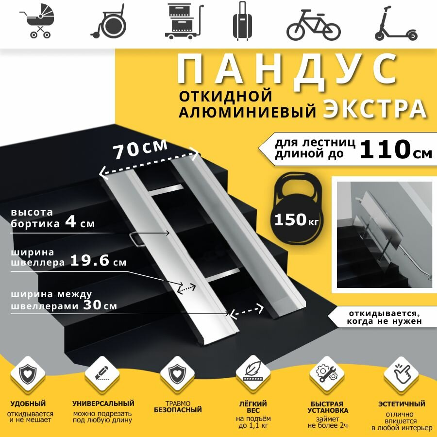 Пандус откидной алюминиевый Ретайл Экстра 110 см