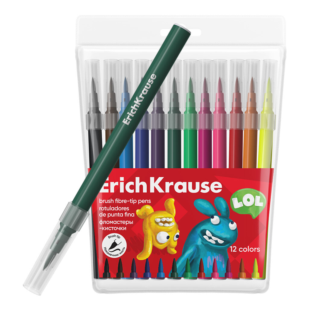 Фломастеры 12 цв. Er.Krause Jolly Friends Washable, кисть (в футляре с европодвесом) 61834